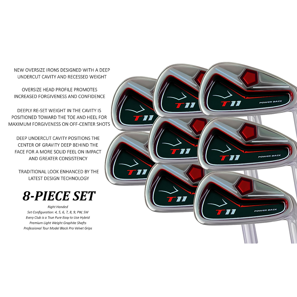 T11 Power Back Tall Iron Set 4-SW Custom Made Golf Clubs Right Hand Regular R Flex Steel Shafts Jumbo Golf Grips +2" Longer Men's Standard Irons