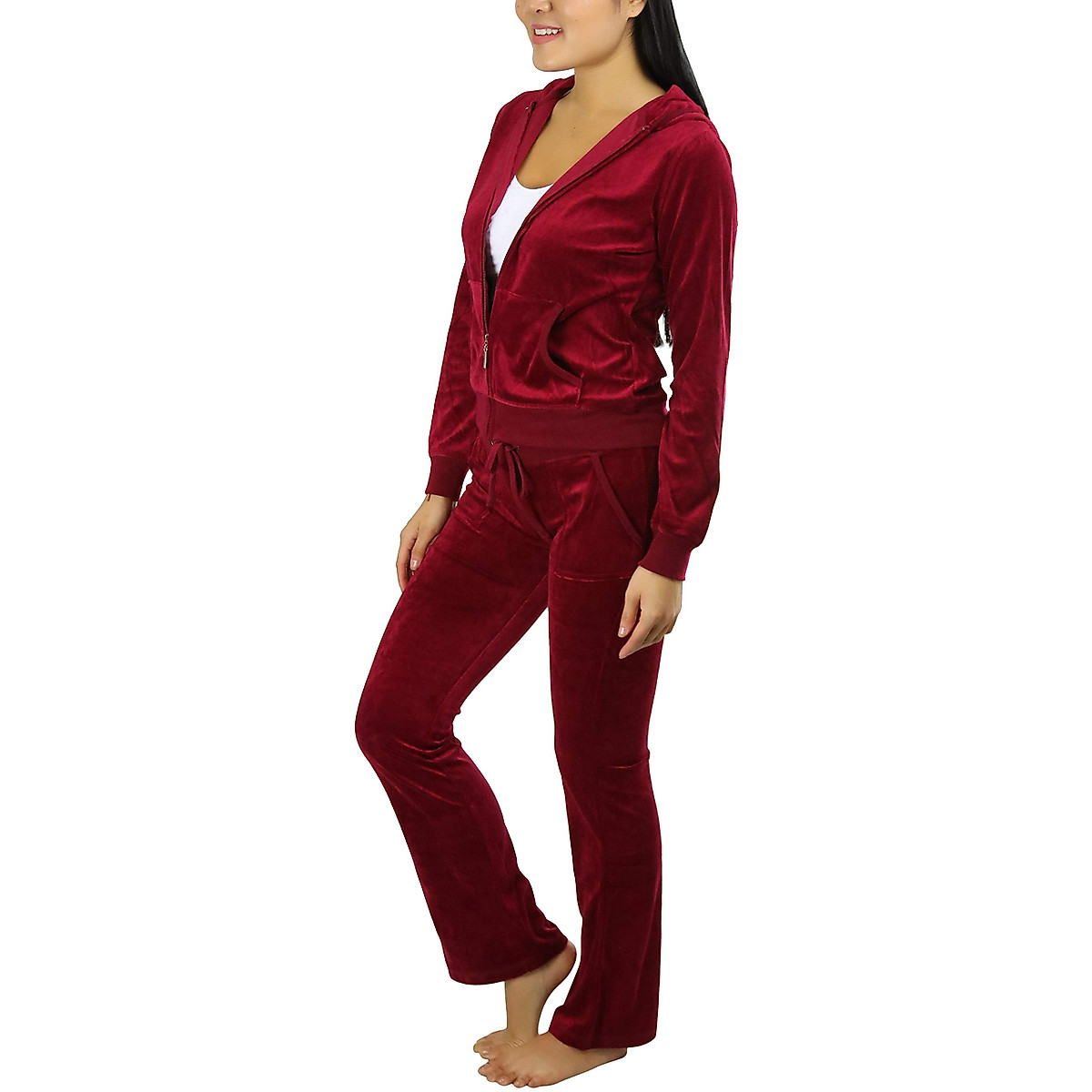 ToBeInStyle Women’s Cozy Lounge Velour Hooded Jacket and Matching Pants - Burgundy - M