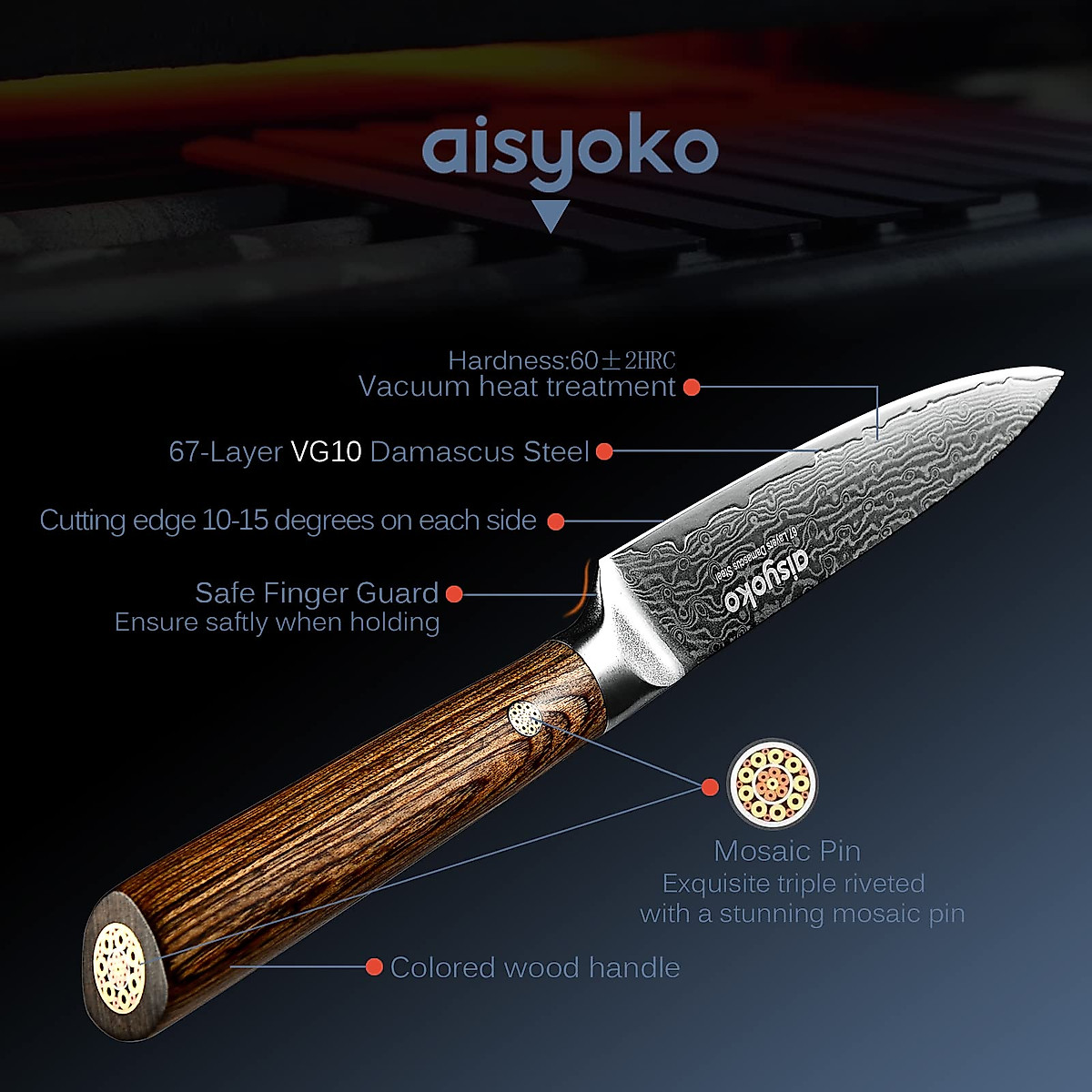 aisyoko Paring knife 5 inch sharp fruit utility knife-Japanese VG-10 super steel 67 layer Damascus steel knife-for carving and peeling-luxury gift box with color wooden handle-with scabbard
