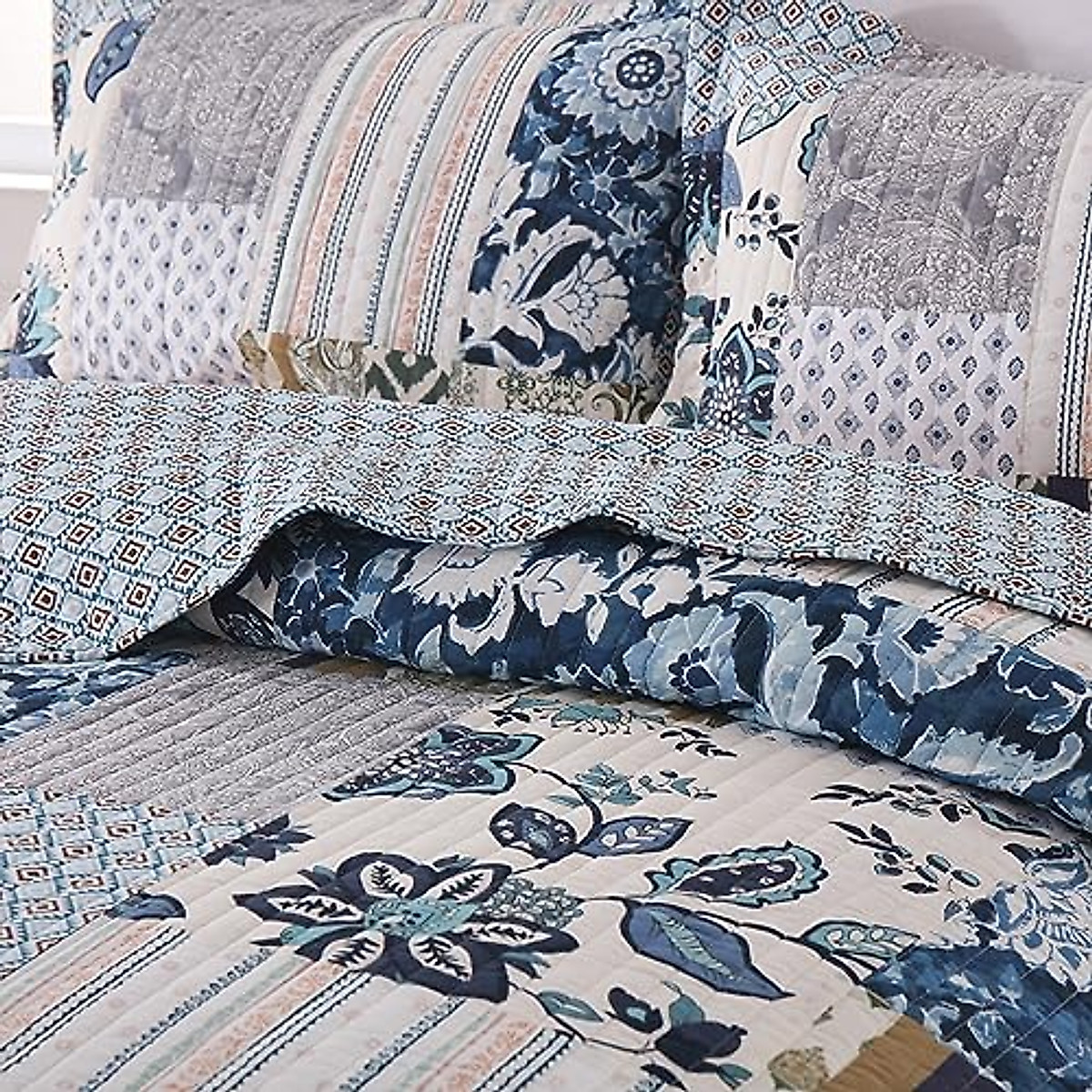 Secgo Quilt King Size - 100% Cotton Bedding Set (98 * 106 Inch) with 2 Pillow Shams, Patchwork Reversible Lightweight Bedspread, Quilted Coverlet Fit All-Season