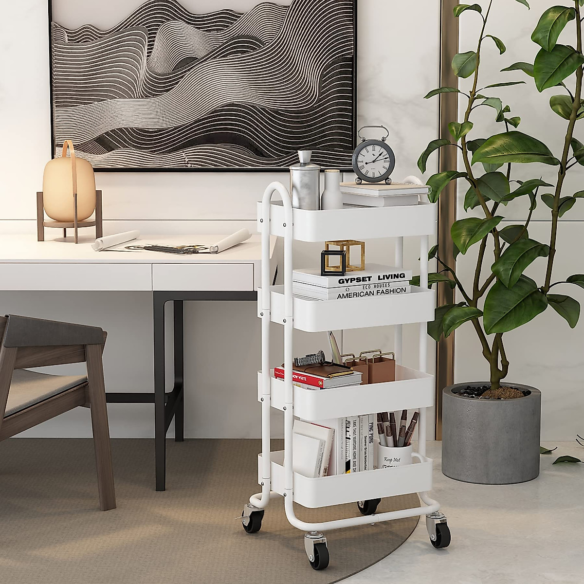 MIOCASA 4-Tier Metal Utility Rolling Cart, Heavy Duty Multifunction Cart with Lockable Casters, Easy to Assemble, Suitable for Office, Bathroom, Kitchen, Garden (White)