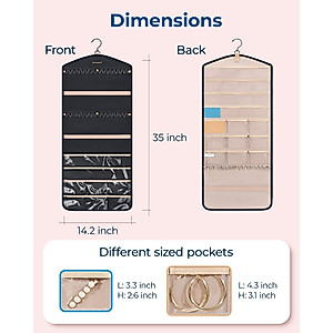 BAGSMART Hanging Jewelry Organizer with Hanger Metal Hooks Double-Sided Jewelry Holder for Organizing Earrings Necklaces Rings Perfect for in Hanging Closet, Wall, Door, 1 Piece, Large, Black
