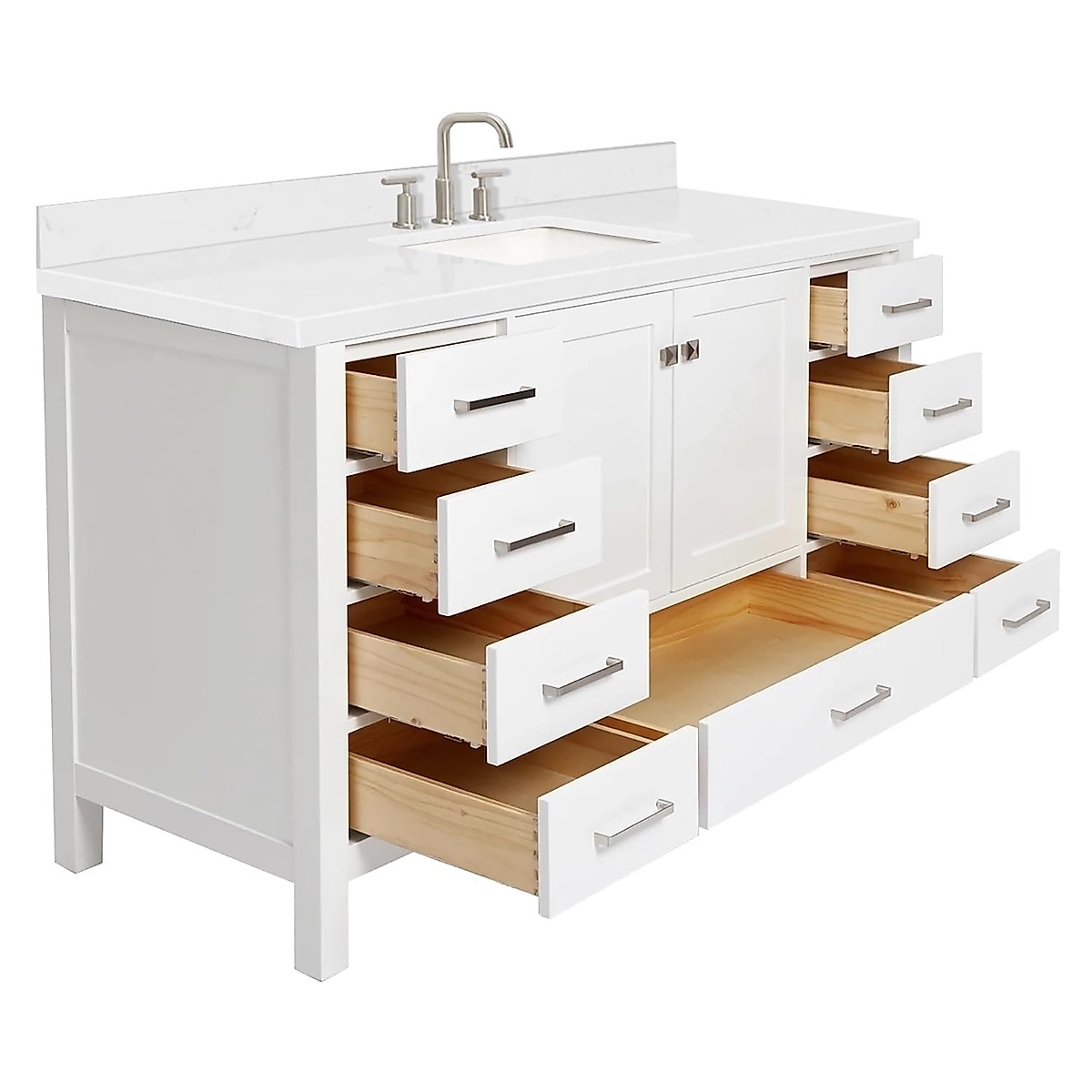 ARIEL Cambridge 60" White Bathroom Vanity, 1.5" Edge Carrara White Quartz Countertop & Splash, Rectangular Sink, 2 Soft Closing Doors, 9 Full Extension Dovetail Drawers, Brushed Nickel