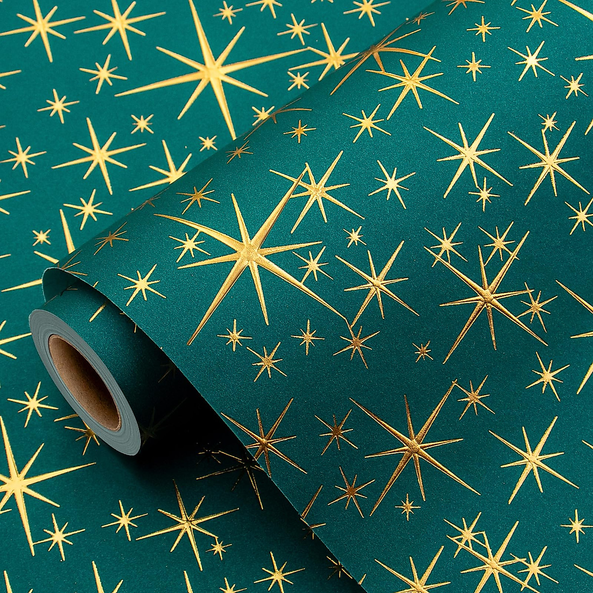 Garbendy Green Christams Wrapping Paper Roll-17inch x 32.8ft Embossing 3D Emerald Green with Gold Foil Star Design for Christmas, Birthday, Wedding, Baby Shower, Bridal Shower, Party
