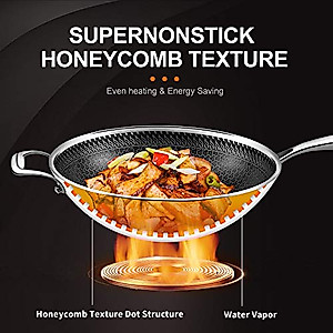MICHELANGELO Wok Pan with Lid, 12.5 Inch Stainless Steel Wok with Lid, Woks & Stir-fry Pans with Honeycomb Coating, Nonstick Wok Flat Bottom, Induction Wok Pan