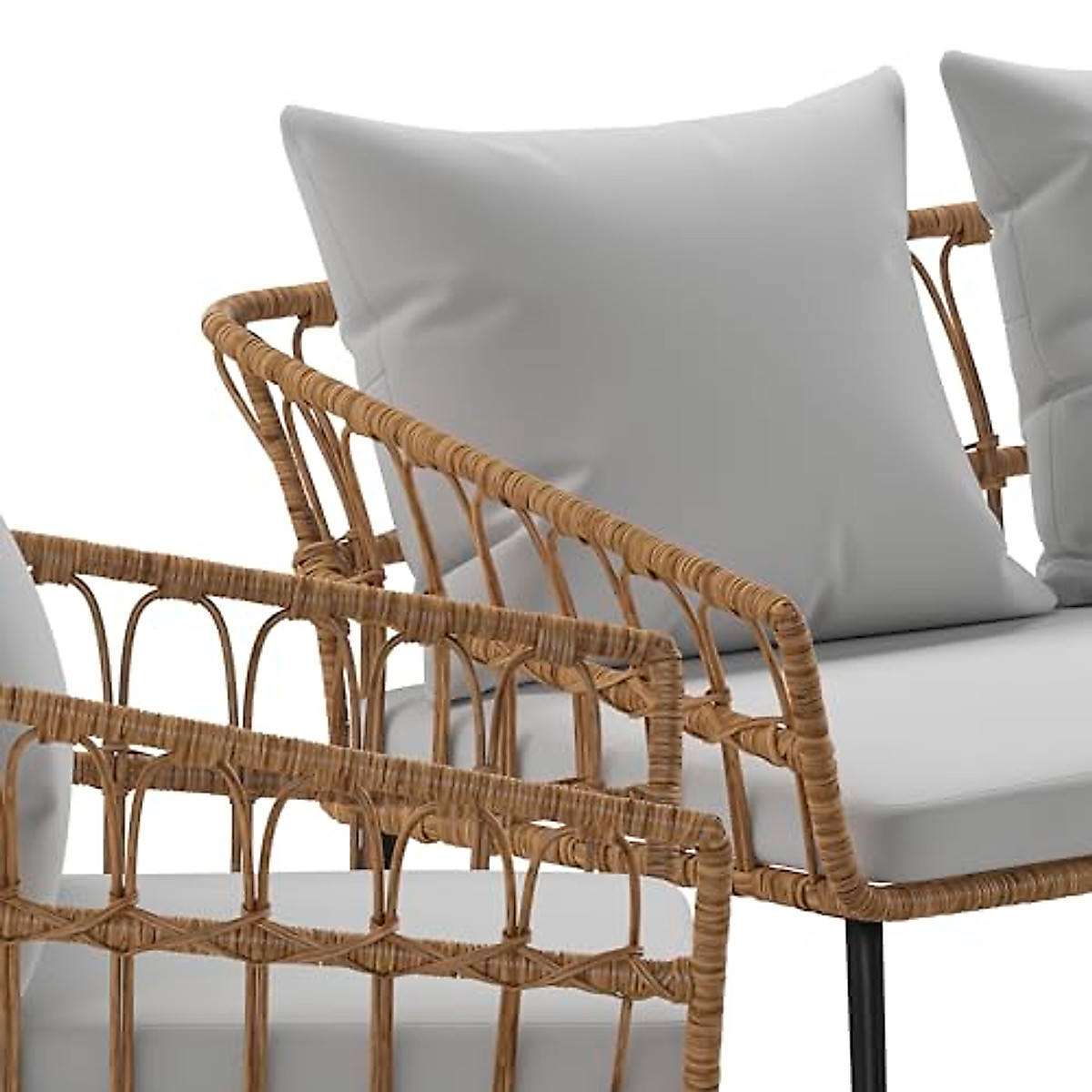 Taylor & Logan Iya 4 Piece Boho Rope Rattan Patio Conversation Set with Tempered Glass Top Coffee Table and Gray Cushions for Indoor/Outdoor Use, Natural