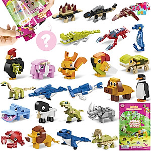 JOYIN 24 Pcs Valentine Animal Building Blocks in Blind Bags, Including Dinosaur, Sea Animal and Wildlife Creatures Design, Kids Valentine's Day Party Favors, Gift Exchange, STEM Educational Toy