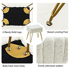 Modern Mink Square Footstool Ottoman Bench, White Faux Fur Vanity Stool with Gold Legs, Comfy Vanity Chair Entryway Bench, Makeup Stools for Vanity, Plush Fluffy Footrest for Bedroom, Living Room