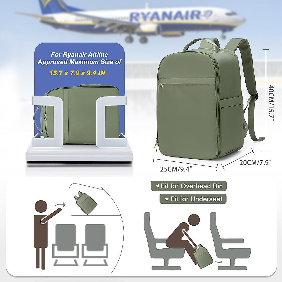 WEPLAN 17x10x9 United Airlines Personal Item Bag, Underseat Carry on Backpack, Waterproof Cabin Luggage Bag, Travel Essentials, Green