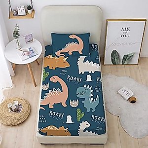 Wajade Blue Dinosaur Sheet Sets Twin Size Cute Cartoon Dinosaur 3D Plants Print Bedding Set for Kids Boys Girls 2pcs (1 Deep Pocket Fitted Sheet+1 Pillowcases)
