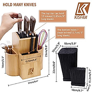 Bamboo Universal Knife Block Two-Tiered Slot-Less Wooden Knife Stand, Knife Organizer & Holder - Convenient Safe Storage for Large & Small Knives & Utensils - Easy to Clean Removable Bristles