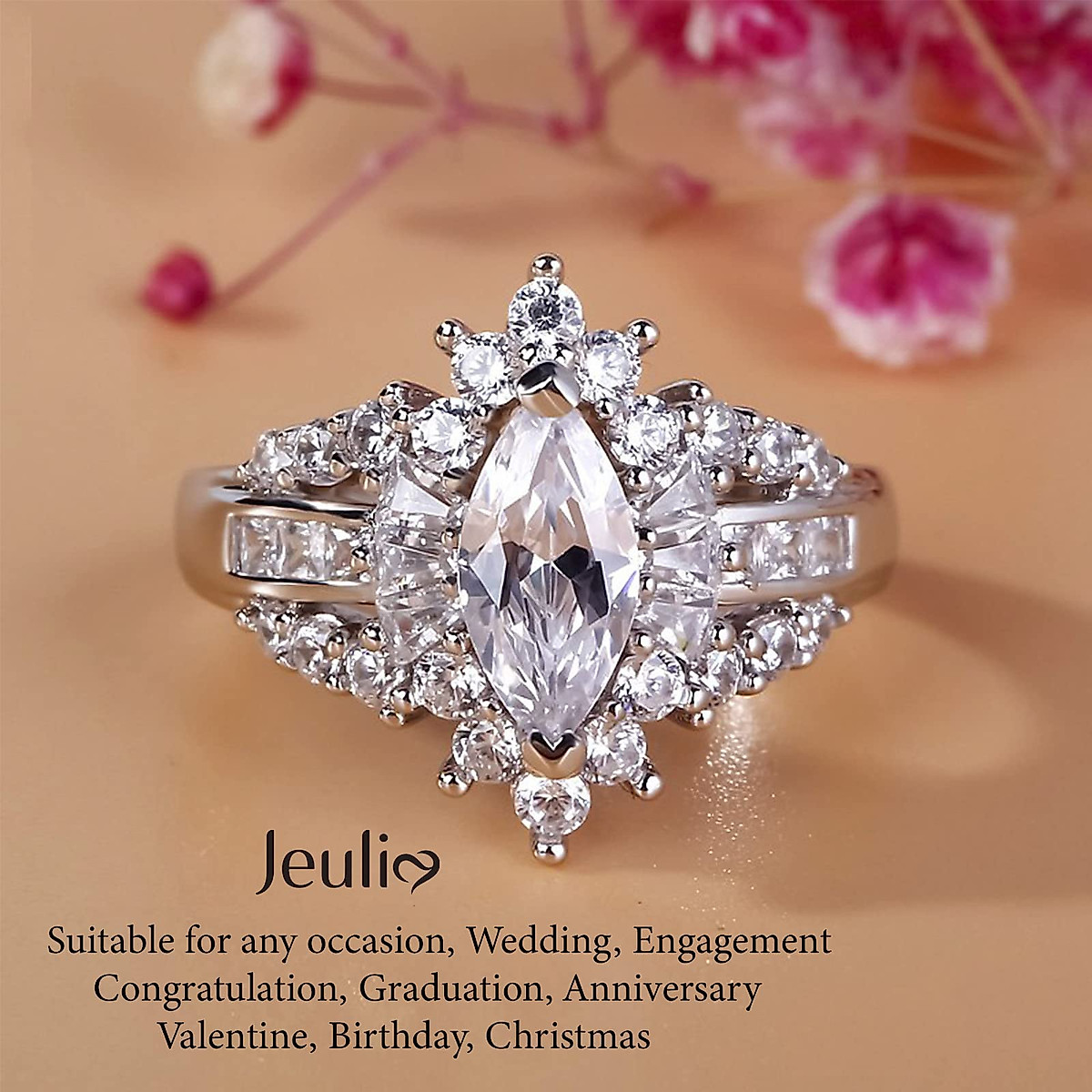 Jeulia 2 Carat Marquise Cut Rings Women Halo Solitaire Engagement Rings 925 Sterling Silver Cubic Zirconia Wedding Rings Anniversary Promise with Jewelry Box (6)