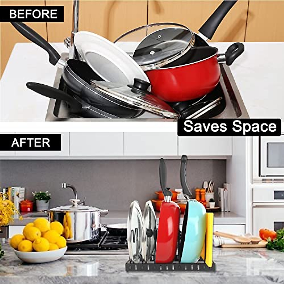 Pot Organizer Rack for Under Cabinet, Kitchen Pot and Pan Organizer Rack Holder with 1 Drip Pan & 7 Dividers Adjustable Pot Lid Organizer for Cabinet, Bakeware, Cookie Sheet and Cutting Board (Black)