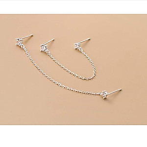 4 Prong CZ Round Stud With Chain Cuff S925 Sterling Silver Earrings for Women Cartilage Double Piercing Holes Fashion Chic Minimalist Climber Crawler Threader Tiny Small Studs Hypoallergenic Gifts (silver)