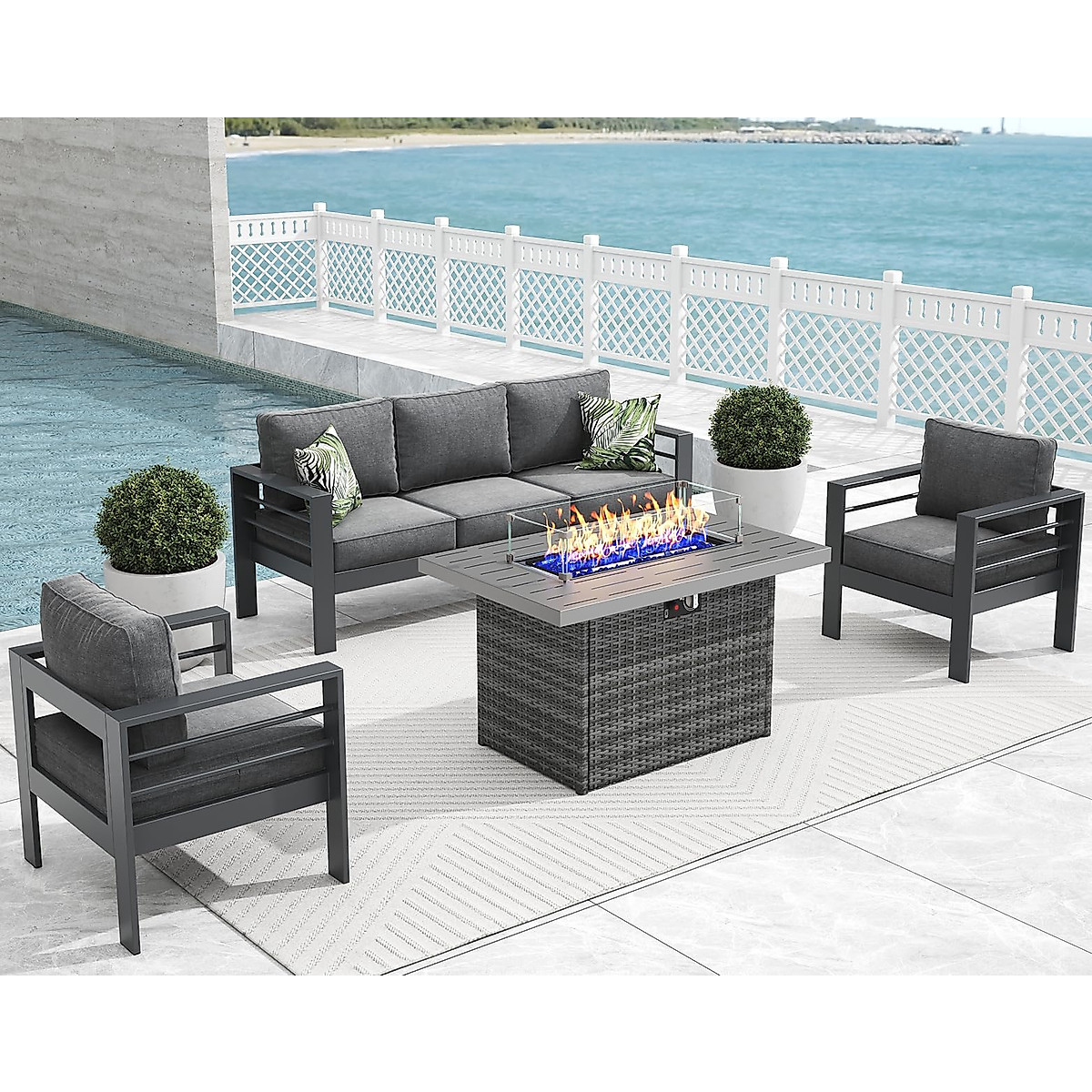 Vakollia 4 Pieces Modern Aluminum Patio Furniture Set with Fire Pit Table, Outdoor Conversation Sets Metal Sectional Sofa