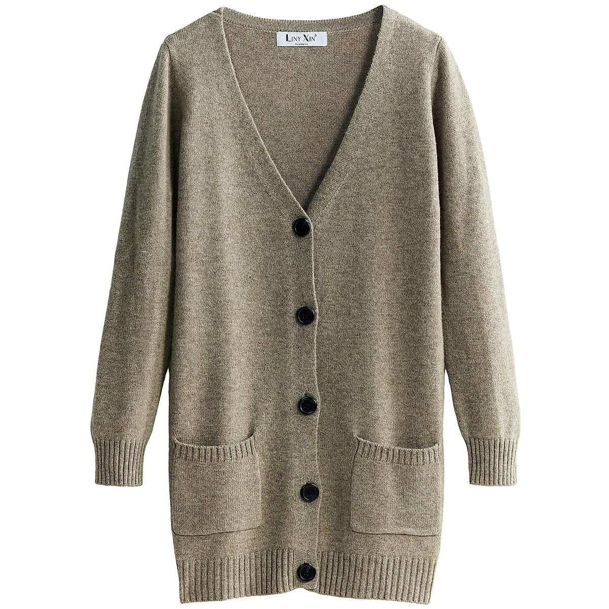 Liny Xin Women's Long Cardigan Sweater V-Neck 100% Merino Wool Fall Winter Warm Soft Knitted Cardigan Coat (Tan,L)