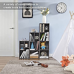 VECELO 3-Cube Open Bookcase, Small Bookshelf with Height Difference Shelves for Most Books, Horizontal Available, 2-Tier Storage Organizer for Home Office, Living Room, Grey