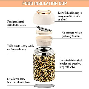 CUPADA Gold Leopard Food Jar for Hot and Cold, Seamless Printed Insulated Food Jars Vacuum 17OZ with Folding Spoon for Work Trip Picnic Camping