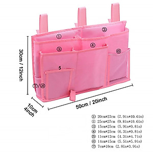 MoYag Bedside Storage Organizer, Bedside Caddy Hanging Storage Bag for Bunk and Hospital Beds, Dorm Rooms Bed Rails,Baby Bed,Baby Cart,Car Backrest with 8 Pockets(Pink)