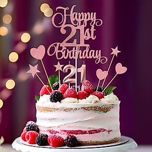 Lecferrarc 21st Birthday Cake Decorations, 21st Birthday Candles Cake Numeral Candles and Glitter Happy 21st Birthday Cake Toppers Set for Birthday Party Supplies (Rose Gold)