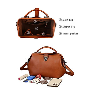 ARCOLAN Women's leather handbag retro Doctor Bag Brown Shoulder bag buckle type women's bag (Brown)
