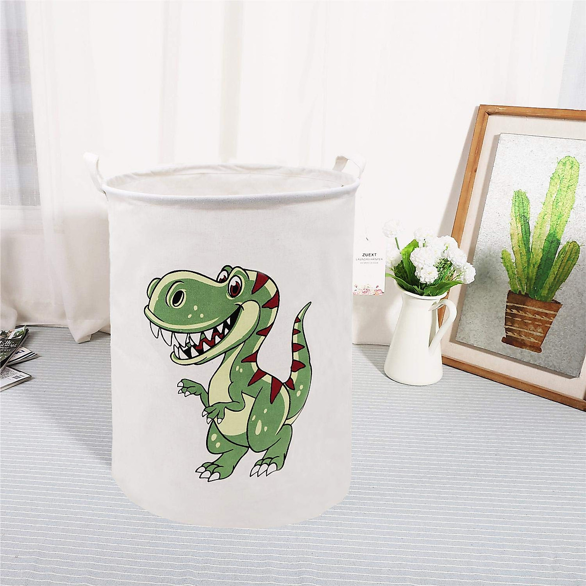 Large Laundry Hamper, ZUEXT Waterproof, Freestanding Laundry Hamper, Collapsible Tall Clothes Hamper with Handles for Clothes Toys in the Dorm and Fam(Green Dinosaur, 63L)