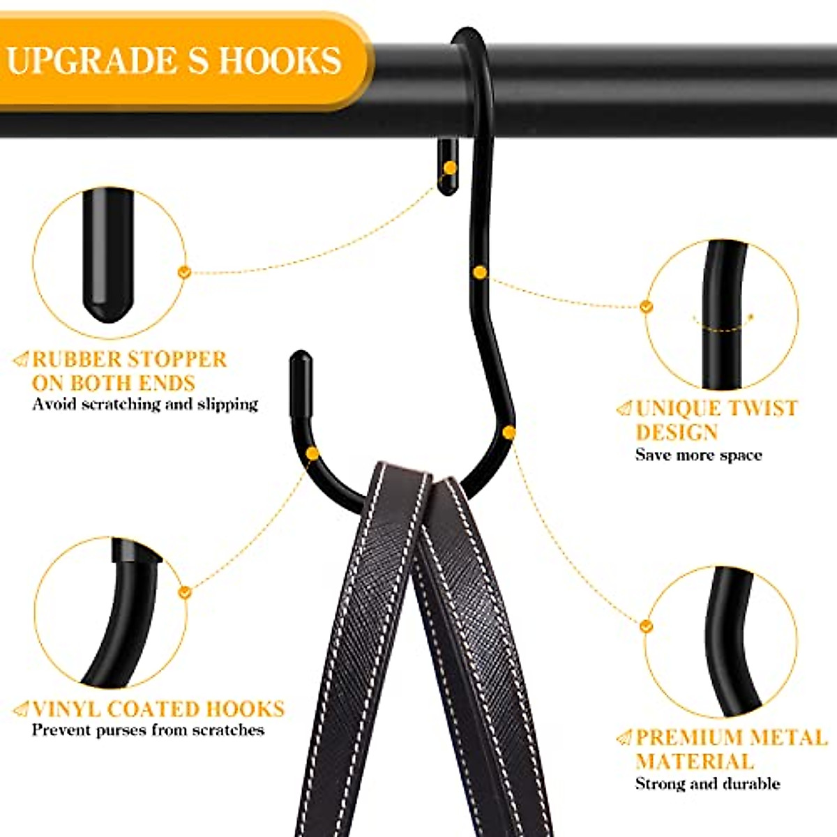 Fitnice 10 Pack Purse Hanger for Closet, S Hooks for Hanging Twisted Purse Hooks Heavy Duty S Hooks Handbag Hanger Organizer Space Saving Closet Rod Hooks for Clothes, Bags, Plants, Pans, Pots (Black)