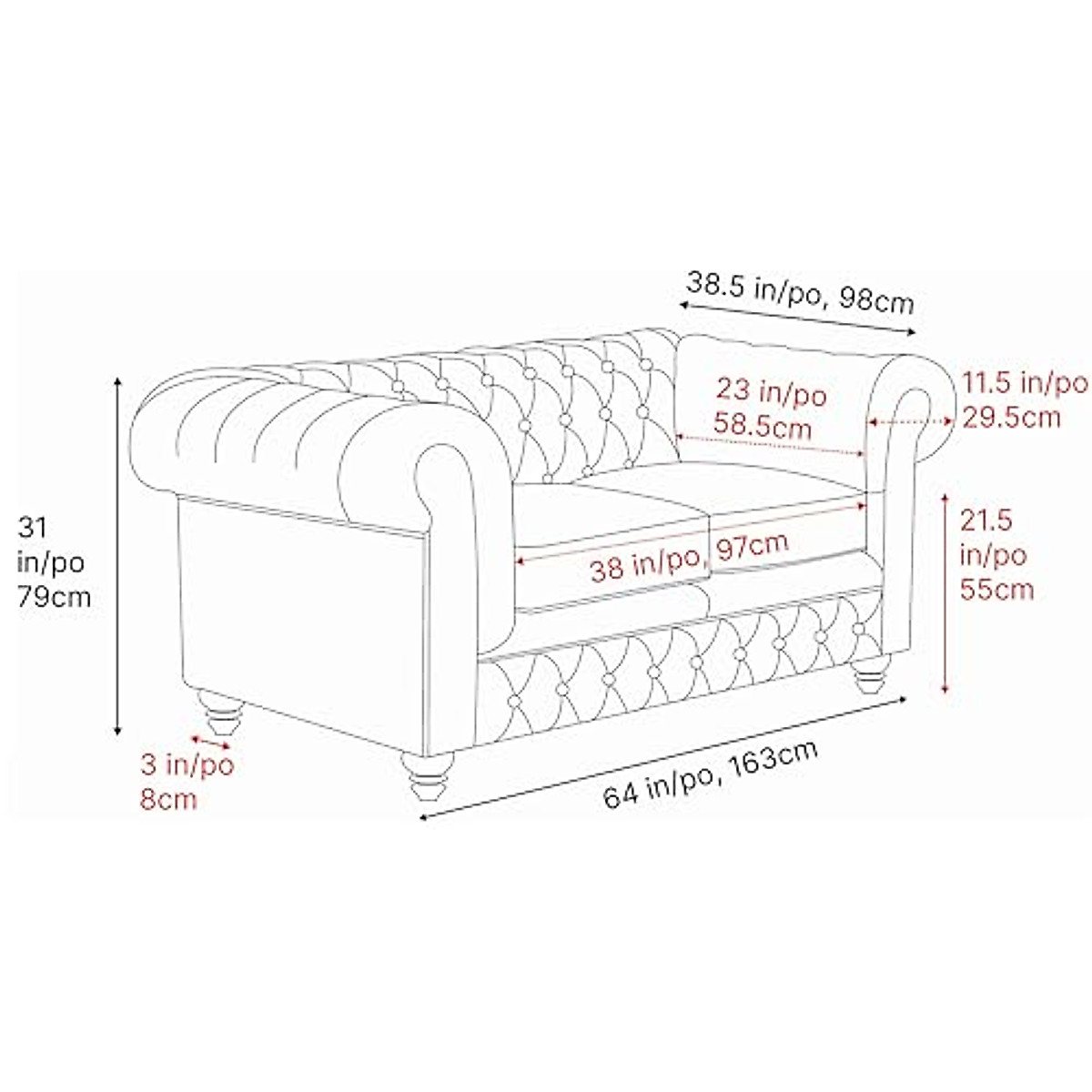 Valencia Parma Chesterfield Loveseat 64" | Premium Full-Aniline Leather | Mid-Century Accent Chair with Classic Button Tufted Back and Wood Legs for Living Room, Chocolate