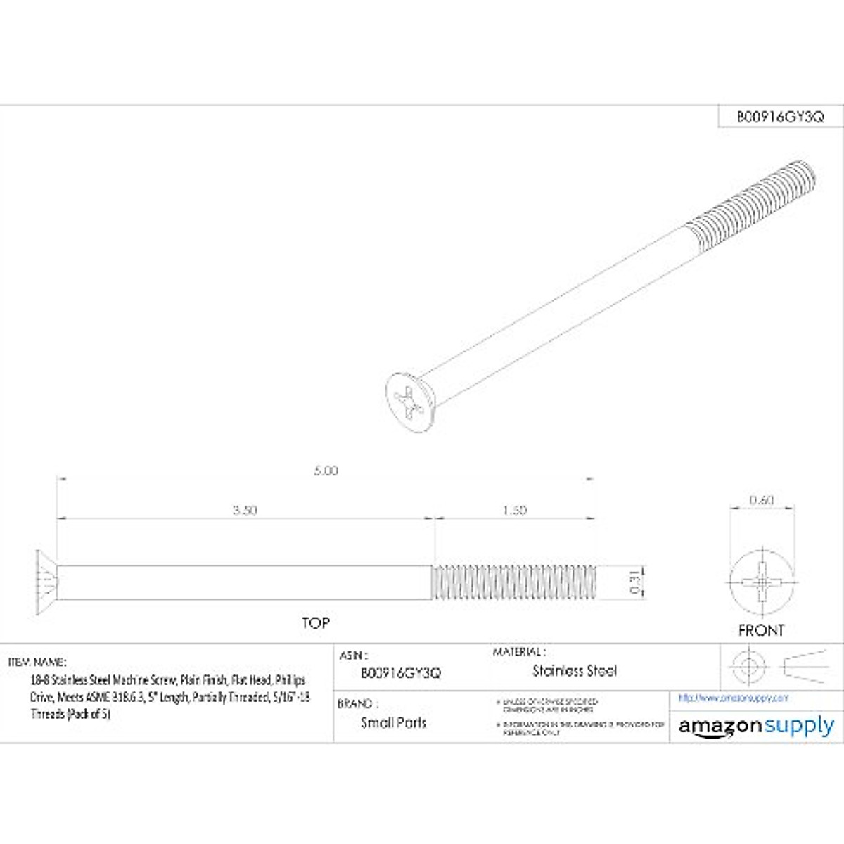 Small Parts 18-8 Stainless Steel Machine Screw, Plain Finish, Flat Head, Phillips Drive, Meets ASME B18.6.3, 5" Length, Partially Threaded, 1/4"-20 UNC Threads (Pack of 5)