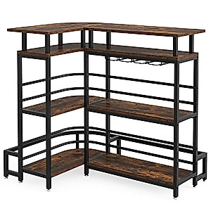 Tribesigns Home Bar Unit, L-Shaped Liquor Bar Table with 4 Glasses Holders and 4 Tier Shelves, Wine Bar Cabinet Mini Bar for Home Kitchen Pub, Freestanding Coffee Bar Table with Footrest, Rustic Brown