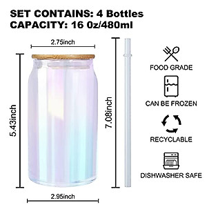 LEFIMOT 4 Pack Drinking Glasses with Bamboo Lids and Straw, 16oz Can Shaped Glass Cups Iced Coffee Cup Beer Glasses Cocktail Glasses Cute Tumbler Cup for Smoothie,Tea,Whiskey,Water,Gift