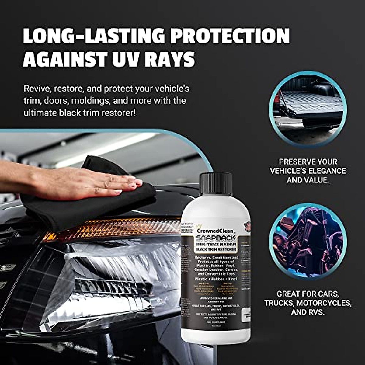Black Plastic Vinyl Trim Restorer Protective Finish Long Lasting Car & Truck Polish Refreshing Agent for Various Surfaces UV Blocking Restoring Solution – 12 Ounces - Premium Microfiber Cloth Included