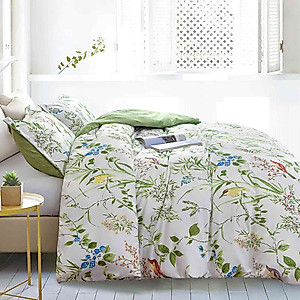 Nanko King Size Duvet Cover Set, Green Floral/Flower Leaf Bird Print Pattern, 3pc 104x90 Microfiber Comforter Quilt Bedding Cover with Zip Ties - Spring Modern Farmhouse for Men and Women Teen Girl