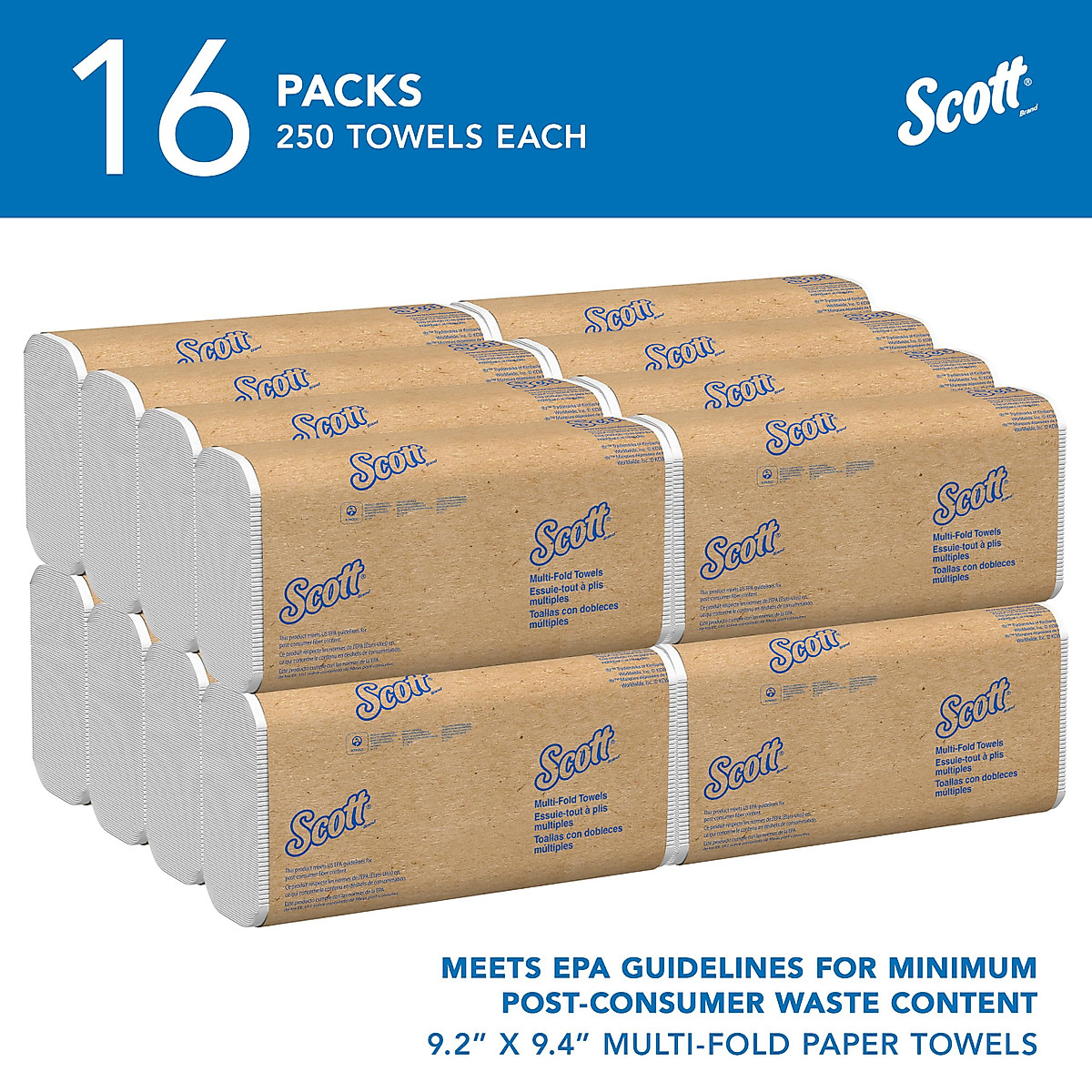 Scott Essential Multifold Paper Towels (01804) with Fast-Drying Absorbency Pockets, White, 16 Packs / Case, 250 Multifold Towels / Pack