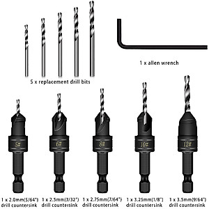 82°Countersink Drill Bit Set Power Tools Accessories with 5 Pcs Replaceable Drill Bits 3/8”Quick-Change Drill Bits, Woodworking Chamfered Adjustable Drilling Tool Kit Woodworking Tool (5Pcs/Set)