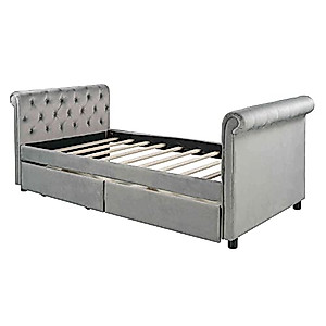 ATY Twin Size Daybed with Two Storage Drawers, Upholstered Sofa Bed Bedframe w/Wood Slat Support, No Box Spring Needed, for Bedroom, Guestroom, Save Space, Gray