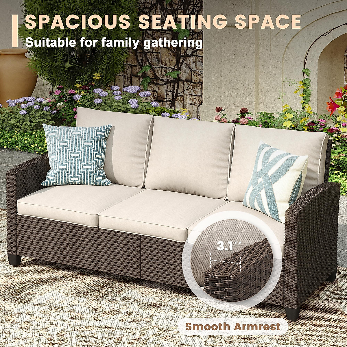 VICLLAX 8 Pieces Wicker Patio Furniture Set with Fire Pit Table 44.8" Metal Top, 3-Seat Sofa, 4 Single Chairs, 2 Ottomans, Outdoor Conversation Set for Garden, Poolside, Backyard, Beige Cushion