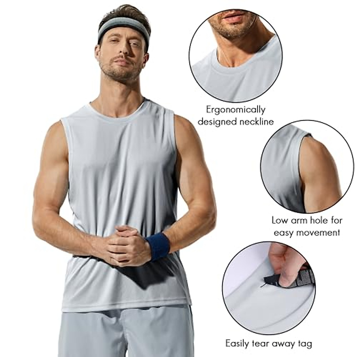 Haimont Mens Sleeveless Workout Shirt Swim Tank Quick Dry Muscle Tee, Light Grey, XL