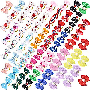Comsmart 60Pcs 30 Pairs Yorkie Dog Puppy Hair Bows with Rubber Bands & Rhinestone Pearls & Handmade Lace Fabric, Cute Pet Small Hair Bowknot Grooming Accessories