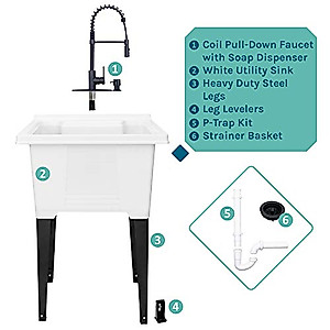 White Utility Sink by JS Jackson Supplies, Tehila Luxe Laundry Tub, Matte Black Hi-Arc Coil Faucet, Soap Dispenser