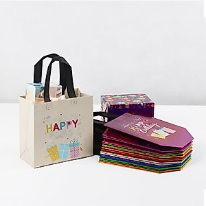 cabzymx 18 Pcs Multicolor Small Birthday Gift Bags Set with 9 Colors, Funny Gift Design Reusable Birthday Presents Bags Bulk with Bases, 8 x 3.9 x 8 In Party Goodie Bags for Baby, Girls, Boys