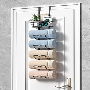 Xstydes 6-Tier Over The Door Towel Rack,Towel Racks for Bathroom, Metal Towel Holder with Storage Basket,Towel Storage for Small Bathroom,Towel Rack for Rolled Towels,Black