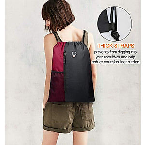 BeeGreen Maroon Drawstring Backpack Sports Gym Bag for Women Men Large String Backpack With Zipper and Water Bottle Mesh Pockets Cinch Sack Workout Bag, 16" x 20"