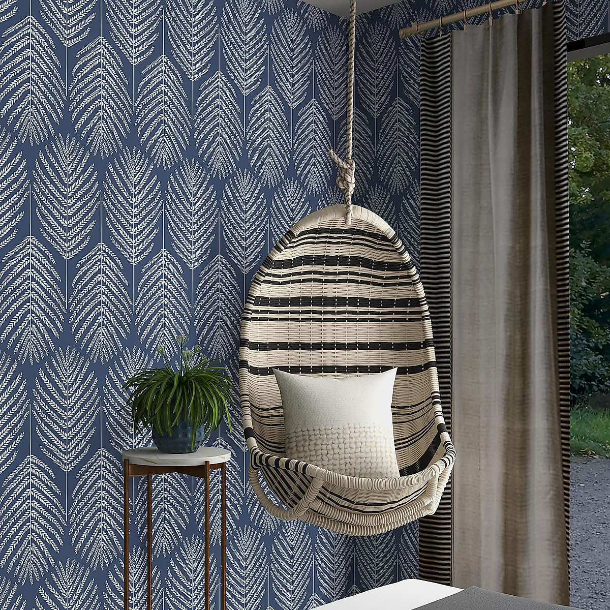 Fititem Blue Wallpaper Peel and Stick Wallpaper 393”×17.3” Coastal Modern Boho Contact Paper for Cabinet Dark Blue Leaf Wallpaper for Bedroom Removable Self-Adhesive Waterproof Wallpaper for Bathroom