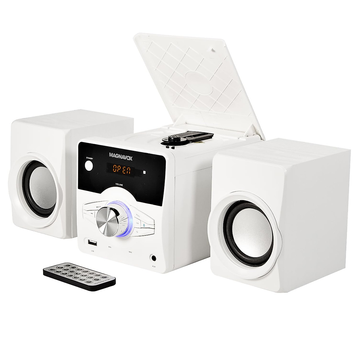 Magnavox MM442 3-Piece Top Loading CD Shelf System with Digital PLL FM Stereo Radio, Bluetooth Wireless Technology, and Remote Control in Black | Blue Lights | LED Display (White)