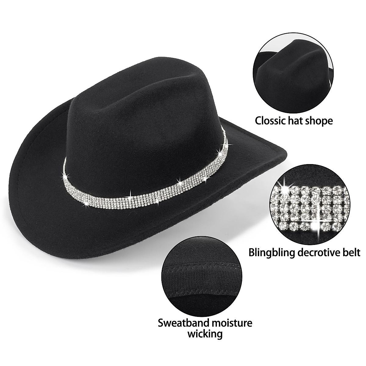 Five Rows Rhinestones-Cowboy-Cowgirl-Hat - Roll Wide Brim Western-Hat for Wedding Music Costume Party (Fit for M-L) Black