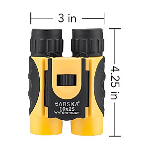 Barska Optics, Colorado Waterproof Compact Binoculars, 10x25mm, Porro Prism, Blue Lens, Yellow, Clam Package