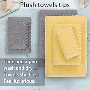 VOOVA & MOVAS Towels for Bathroom, Bath Towels with Hanging Loop - 100% Cotton | Soft | Quick Dry | Thick, Towel Set of 6, 2 Large Bath 30"x56", 2 Hand 18"x28", 2 Washcloths 13"x13", Grey and Yellow