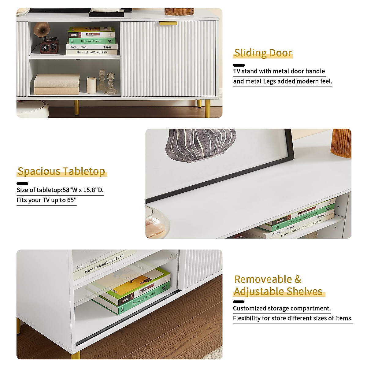 Okvnbjk TV Stand for 65+ Inch TV, Modern Living Room Entertainment Center with Storage Cabinets, Waveform Panel Wood Media Console with Ajustable Shelves & Cable Management for Bedroom, White