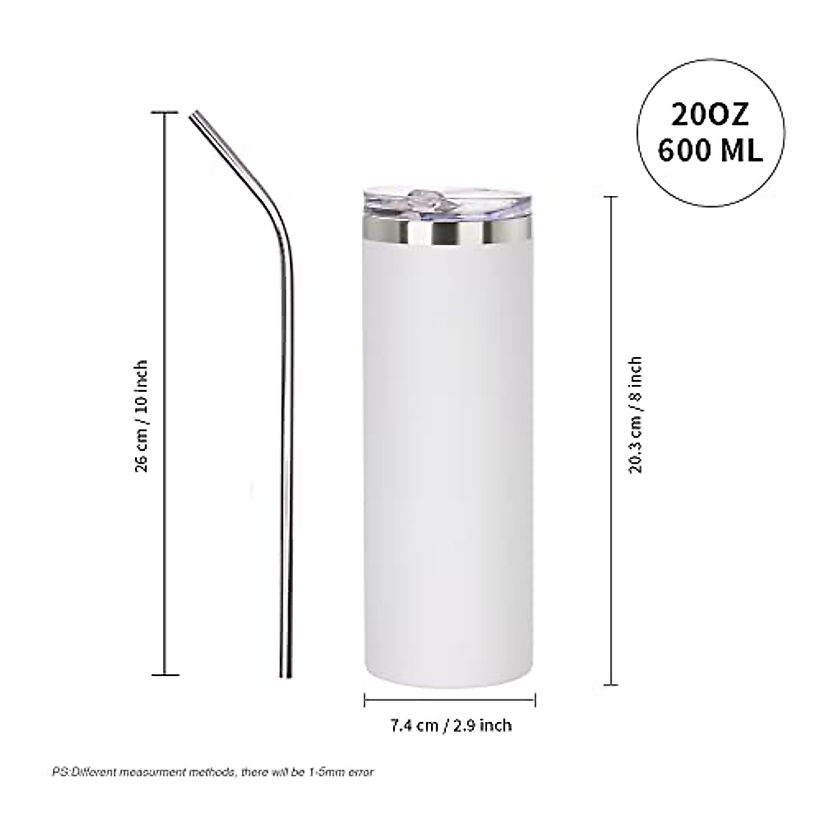 PYD Life Sublimation Blanks Tumbler Skinny Straight Matte White Powder Coating 20 OZ Coffee Stainless Steel Tumbler Cups with Lid and Metal Straw for Tumbler Heat Press 4 Pack